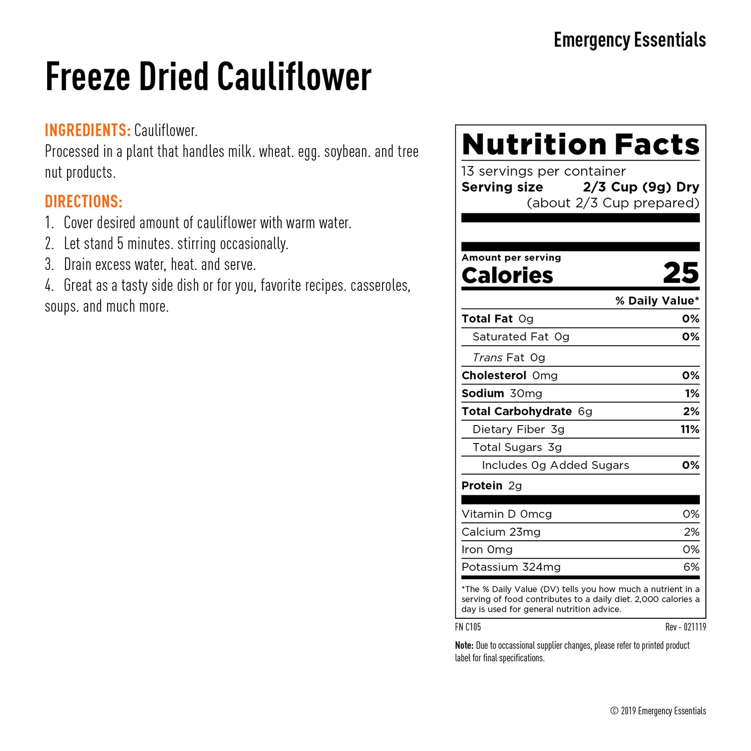 Emergency Essentials® Freeze-Dried Cauliflower Large Can – Be Prepared ...